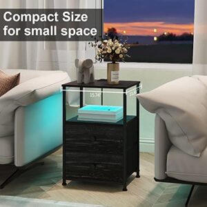 Tohomeor End Tables with Charging Station LED Light Nightstand Bedroom Bed Side Dresser with Fabric Drawers Open Storage Shelf Living Room Sofa End Table with USB Ports and Outlet (Charcoal, 1 Pack)