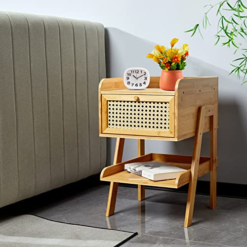 Sushineibor Narrow Side Table with Storage Shelf and Fabric Drawer Narrow Nightstand Night Stand for Living Room Bedroom Bedside Also as Small Sofa Couch End Tables