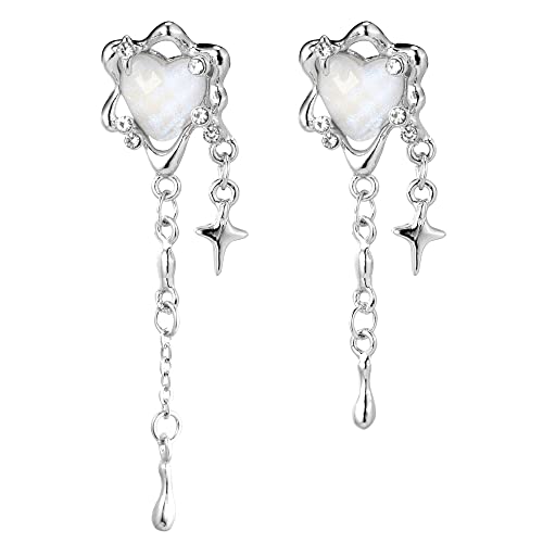 Moonstone Heart Stainless Steel Earrings For Women Teen Girls Tassel Silver Star Dangle Earrings Dangling Y2k Earinging Earring (Style1)