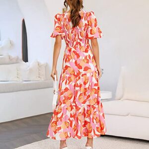 Women's Summer Dresses Casual Short Sleeve V Neck Ruffle Floral Boho Dress High Waist Tiered Flowy Beach Midi Dress,Casual Dresses for Women