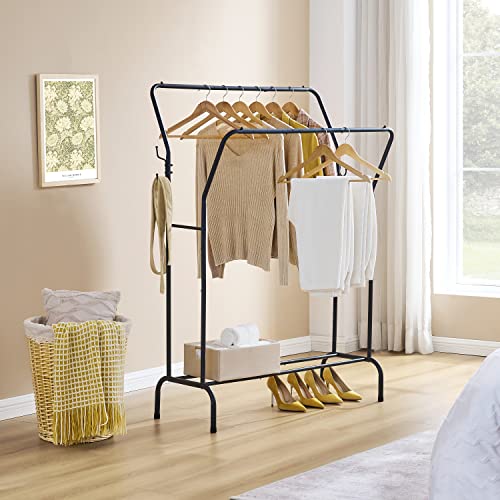 Hoctieon Double Rod Clothes Rack, Freestanding Garment Rack for Hanging Clothes, Metal Standing Clothes Rack, Industrial Clothing Rack, Portable Clothes Rack, Small Garment Rack, Black