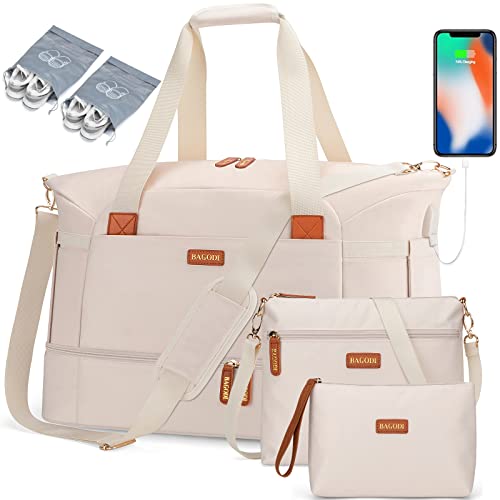 BAGODI Gym Bag for Women, Weekender Overnight Bag with USB Charging Port, Sport Travel Duffel Bag with Wet Pocket & Shoe Compartment, Carry on Tote Bag for Travel/Gym/School 5 Pcs Set, creamy-white