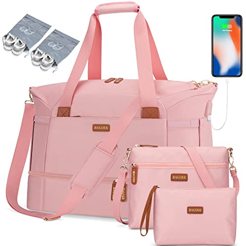 BAGODI Gym Bag for Women, Weekender Overnight Bag with USB Charging Port, Sport Travel Duffel Bag with Wet Pocket & Shoe Compartment, Carry on Tote Bag for Travel/Gym/School 5 Pcs Set