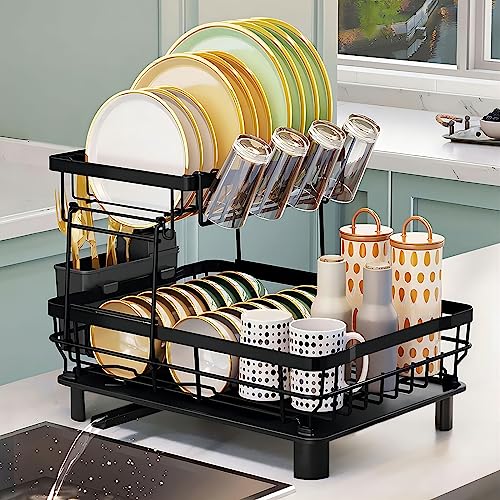 AIDERLY 2 Tier Dish Drying Rack Dish Racks for Kitchen Counter Metal Dish Drainers with Knife Cup Utensil Holder, Black