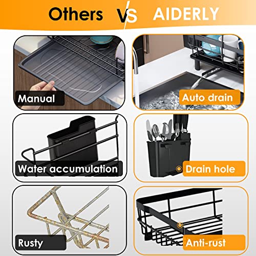 AIDERLY 2 Tier Dish Drying Rack Dish Racks for Kitchen Counter Metal Dish Drainers with Knife Cup Utensil Holder, Black