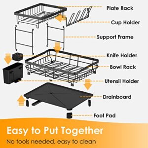 AIDERLY 2 Tier Dish Drying Rack Dish Racks for Kitchen Counter Metal Dish Drainers with Knife Cup Utensil Holder, Black