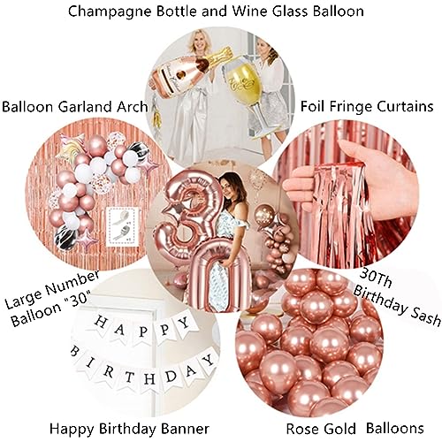 30th Birthday Decorations for Women - Rose Gold 30 Birthday Party Decoration for Her, Happy Birthday Banner, Balloon Arch ,Cake Topper, Foil Balloons and Sash for Girls Thirty Birthday Party Supplies