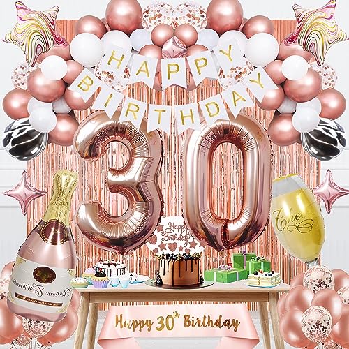 30th Birthday Decorations for Women - Rose Gold 30 Birthday Party Decoration for Her, Happy Birthday Banner, Balloon Arch ,Cake Topper, Foil Balloons and Sash for Girls Thirty Birthday Party Supplies