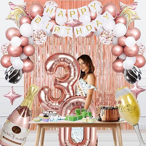 30th Birthday Decorations for Women - Rose Gold 30 Birthday Party Decoration for Her, Happy Birthday Banner, Balloon Arch ,Cake Topper, Foil Balloons and Sash for Girls Thirty Birthday Party Supplies