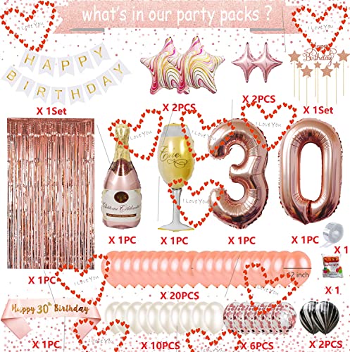 30th Birthday Decorations for Women - Rose Gold 30 Birthday Party Decoration for Her, Happy Birthday Banner, Balloon Arch ,Cake Topper, Foil Balloons and Sash for Girls Thirty Birthday Party Supplies