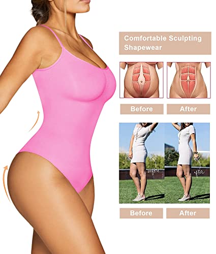 SHAPERX Bodysuit for Women Tummy Control Shapewear Seamless Sculpting Thong Body Shaper Tank Top,SZ5215-Pink-S/M