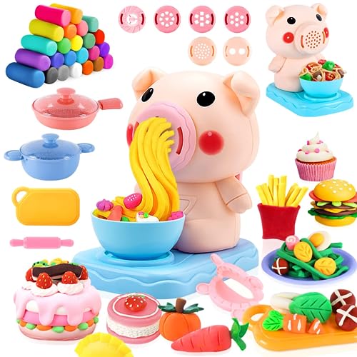 Dough Toys for Kids,GUFUL 43 Pcs Color Dough Piggy Noodle Machine and Ice Cream Maker Kitchen Creations Playset with 24 Cans Dough Birthday for 2-8 Year Old Girls Boys Kids Toddlers