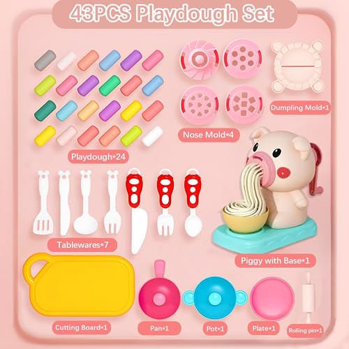 Dough Toys for Kids,GUFUL 43 Pcs Color Dough Piggy Noodle Machine and Ice Cream Maker Kitchen Creations Playset with 24 Cans Dough Birthday for 2-8 Year Old Girls Boys Kids Toddlers