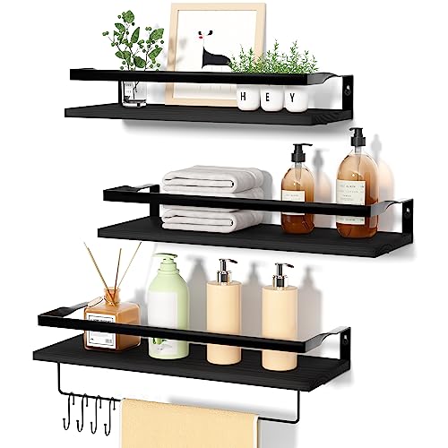 upsimples Floating Shelves, Bathroom Shelves Set of 3, Wood Wall Shelves with Removable Towel Bar, Wall Decor for Bathroom, Bedroom, Living Room, Kitchen, Black