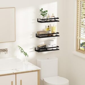 upsimples Floating Shelves, Bathroom Shelves Set of 3, Wood Wall Shelves with Removable Towel Bar, Wall Decor for Bathroom, Bedroom, Living Room, Kitchen, Black