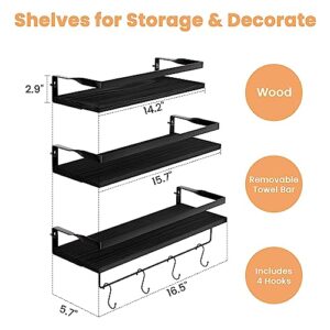 upsimples Floating Shelves, Bathroom Shelves Set of 3, Wood Wall Shelves with Removable Towel Bar, Wall Decor for Bathroom, Bedroom, Living Room, Kitchen, Black