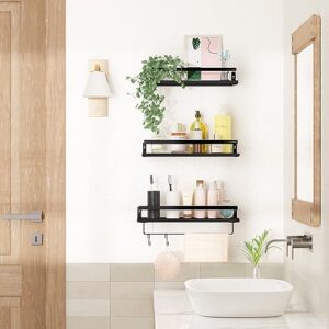 upsimples Floating Shelves, Bathroom Shelves Set of 3, Wood Wall Shelves with Removable Towel Bar, Wall Decor for Bathroom, Bedroom, Living Room, Kitchen, Black