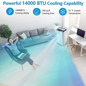 Rintuf 14000 BTU ASHRAE Portable Air Conditioner, Portable AC Cools to 700 Sq.ft Room, AC Unit for Cooling & Dehumidifier & Fan, With LED Display Remote Control, Window Kits, Universal Wheels