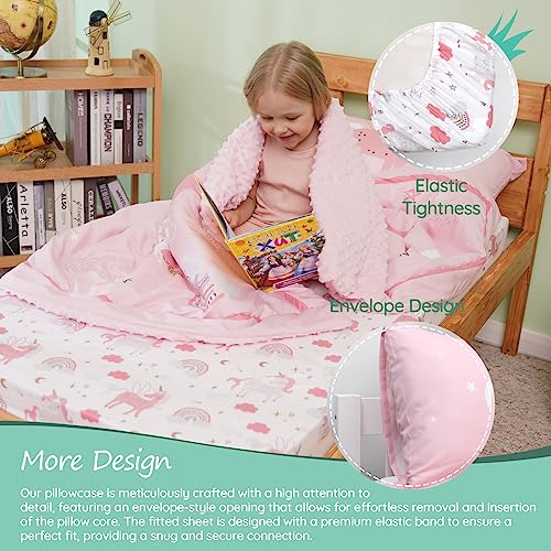 ACRABROS Toddler Bedding Set-4 Pieces Toddler Bedding Sets for Girls Boys Includes Comforter Fitted Sheet Flat Sheet and Reversible Pillowcase,Ultra Soft Toddler Bed Set, Unicorn