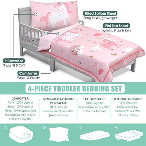 ACRABROS Toddler Bedding Set-4 Pieces Toddler Bedding Sets for Girls Boys Includes Comforter Fitted Sheet Flat Sheet and Reversible Pillowcase,Ultra Soft Toddler Bed Set, Unicorn