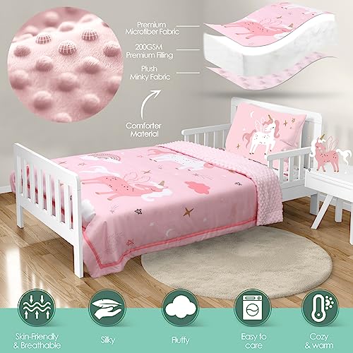 ACRABROS Toddler Bedding Set-4 Pieces Toddler Bedding Sets for Girls Boys Includes Comforter Fitted Sheet Flat Sheet and Reversible Pillowcase,Ultra Soft Toddler Bed Set, Unicorn