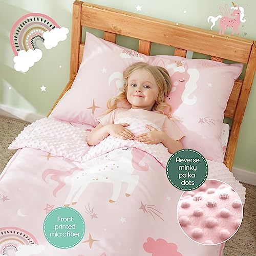 ACRABROS Toddler Bedding Set-4 Pieces Toddler Bedding Sets for Girls Boys Includes Comforter Fitted Sheet Flat Sheet and Reversible Pillowcase,Ultra Soft Toddler Bed Set, Unicorn