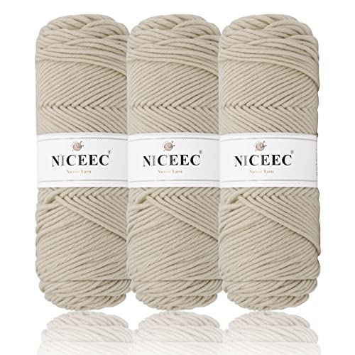 NICEEC 3 Skeins Soft Yarn 100% Acrylic Yarn 8 Ply Yarn Beige Yarn for Crochet Knitting Light Worsted Yarn Blanket Yarn for DIY Craft Total Length 3×135 yds/3×100g-Beige