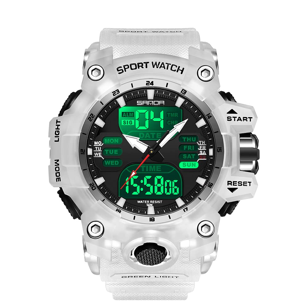 KXAITO Men's Analog Sports Watch Military Watch Outdoor LED Stopwatch Digital Electronic Large Dual Display Waterproof Tactical Army Wrist Watches for Men 6126 (Translucent White)