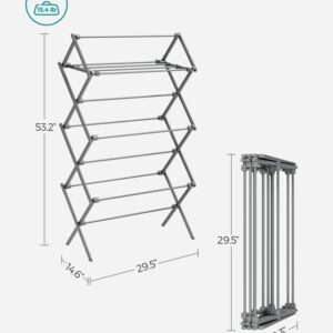 SONGMICS Foldable Clothes Drying Rack, Laundry Drying Rack, Clothes Airer, Steel Frame, 14.6 x 29.5 x 53.2 Inches, Easy Assembly, Indoor Outdoor Use, Gray ULLR770G01