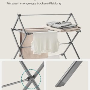 SONGMICS Foldable Clothes Drying Rack, Laundry Drying Rack, Clothes Airer, Steel Frame, 14.6 x 29.5 x 53.2 Inches, Easy Assembly, Indoor Outdoor Use, Gray ULLR770G01