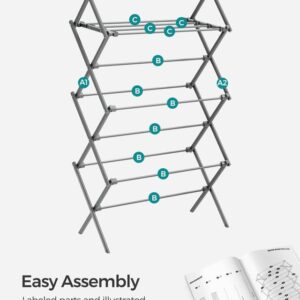 SONGMICS Foldable Clothes Drying Rack, Laundry Drying Rack, Clothes Airer, Steel Frame, 14.6 x 29.5 x 53.2 Inches, Easy Assembly, Indoor Outdoor Use, Gray ULLR770G01