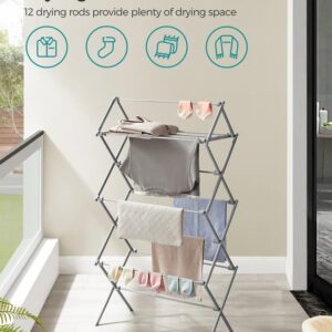 SONGMICS Foldable Clothes Drying Rack, Laundry Drying Rack, Clothes Airer, Steel Frame, 14.6 x 29.5 x 53.2 Inches, Easy Assembly, Indoor Outdoor Use, Gray ULLR770G01