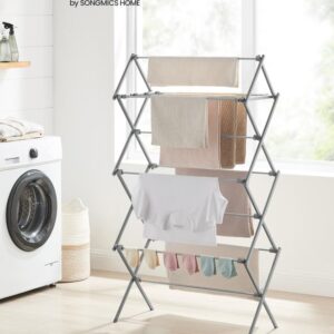 SONGMICS Foldable Clothes Drying Rack, Laundry Drying Rack, Clothes Airer, Steel Frame, 14.6 x 29.5 x 53.2 Inches, Easy Assembly, Indoor Outdoor Use, Gray ULLR770G01