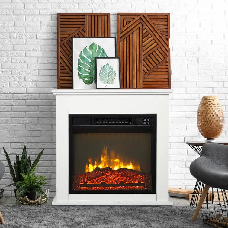 1400W Electric Fireplace Mantel Heater, Freestanding Space Stove with Remote Control & Realistic Flames,Electric Fireplace Insert,Fireplace Insert,Livingroom,Kitchen,Dining Rooms,Teel,25 Inch,White