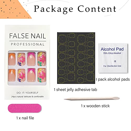 24Pcs Press on Nails Short French Fake Nails Acrylic Square Nude Pink False Nails with Flower Designs Full Cover Stick on Nails Glue on Nails for Women and Girls