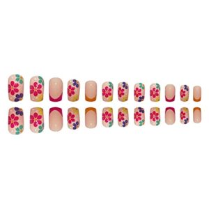 24Pcs Press on Nails Short French Fake Nails Acrylic Square Nude Pink False Nails with Flower Designs Full Cover Stick on Nails Glue on Nails for Women and Girls