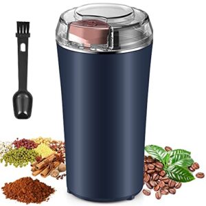 finphoon coffee grinder electric, spice grinder, coffee bean herb grinder with integrated brush spoon, one-touch push-button stainless steel grinding for herb peanut grains beans(blue)