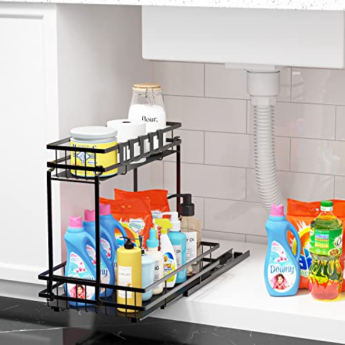 Z&L HOUSE Under Sink Organizer and Storage, Upgraded Silent Glide Undersink Organizers, Under Cabinet Organizer with Hooks 2 Tier Sliding for Kitchen Bathroom(Black)