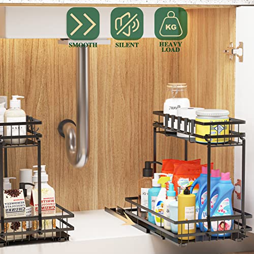 Z&L HOUSE Under Sink Organizer and Storage, Upgraded Silent Glide Undersink Organizers, Under Cabinet Organizer with Hooks 2 Tier Sliding for Kitchen Bathroom(Black)