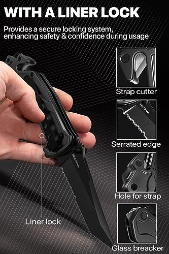 Tactical Knife for Men - 2.8 Inch Tanto Serrated Blade - Black Pocket Knife with Glass Breaker Seatbelt Cutter Pocket Clip - Cool Folding Knives for Camping Military Work - Birthday Mens Gifts 6620