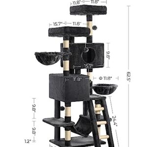 FourFurPets Cat Tree for Indoor Cats, 63in Cat Tower, Cat Condo, Two Cat Perch, Wwo Cat Caves, Two Cat Basket, Sisal Scratching Stairs, Toys, Smoky Gray