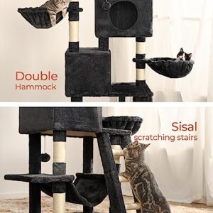 FourFurPets Cat Tree for Indoor Cats, 63in Cat Tower, Cat Condo, Two Cat Perch, Wwo Cat Caves, Two Cat Basket, Sisal Scratching Stairs, Toys, Smoky Gray