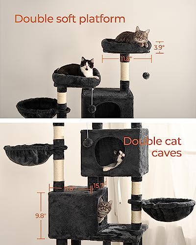 FourFurPets Cat Tree for Indoor Cats, 63in Cat Tower, Cat Condo, Two Cat Perch, Wwo Cat Caves, Two Cat Basket, Sisal Scratching Stairs, Toys, Smoky Gray