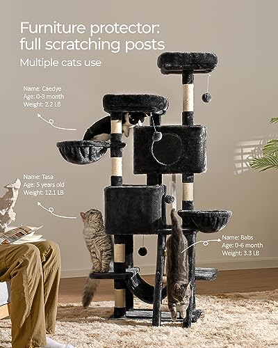 FourFurPets Cat Tree for Indoor Cats, 63in Cat Tower, Cat Condo, Two Cat Perch, Wwo Cat Caves, Two Cat Basket, Sisal Scratching Stairs, Toys, Smoky Gray