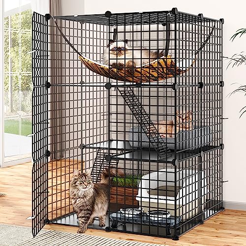 YITAHOME Cat Cage Indoor Catio DIY Cat Enclosures Metal Cat Playpen 3-Tiers Kennels Pet Crate with Extra Large Hammock for 1-2 Cats, Rabbit