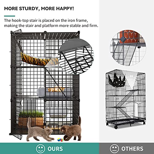 YITAHOME Cat Cage Indoor Catio DIY Cat Enclosures Metal Cat Playpen 3-Tiers Kennels Pet Crate with Extra Large Hammock for 1-2 Cats, Rabbit