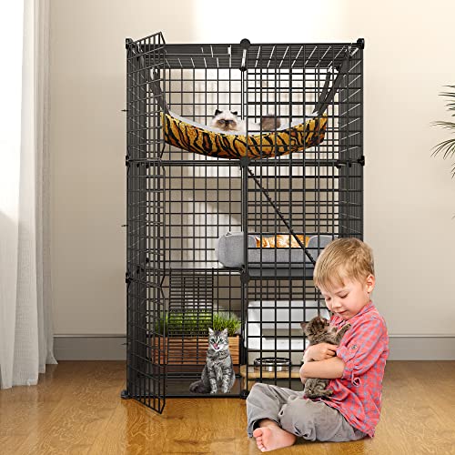 YITAHOME Cat Cage Indoor Catio DIY Cat Enclosures Metal Cat Playpen 3-Tiers Kennels Pet Crate with Extra Large Hammock for 1-2 Cats, Rabbit