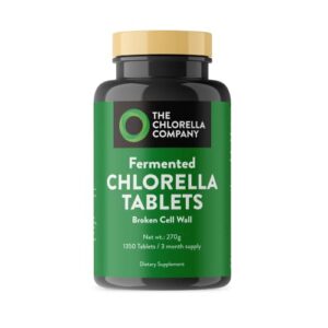 the chlorella company | fermented chlorella tablets | broken cell wall | 1,350 tablets | chlorophyll | supergreens | gluten-free | vegan | non-gmo