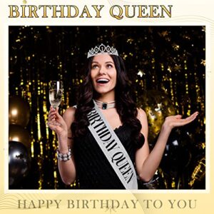 Jexine 11 Pcs Birthday Sash for Women Birthday Squad Sash and Crown Silver Rhinestone Tiara White and Black Happy Birthday Sash for Women Group Girls Birthday Party Accessories