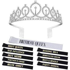 jexine 11 pcs birthday sash for women birthday squad sash and crown silver rhinestone tiara white and black happy birthday sash for women group girls birthday party accessories